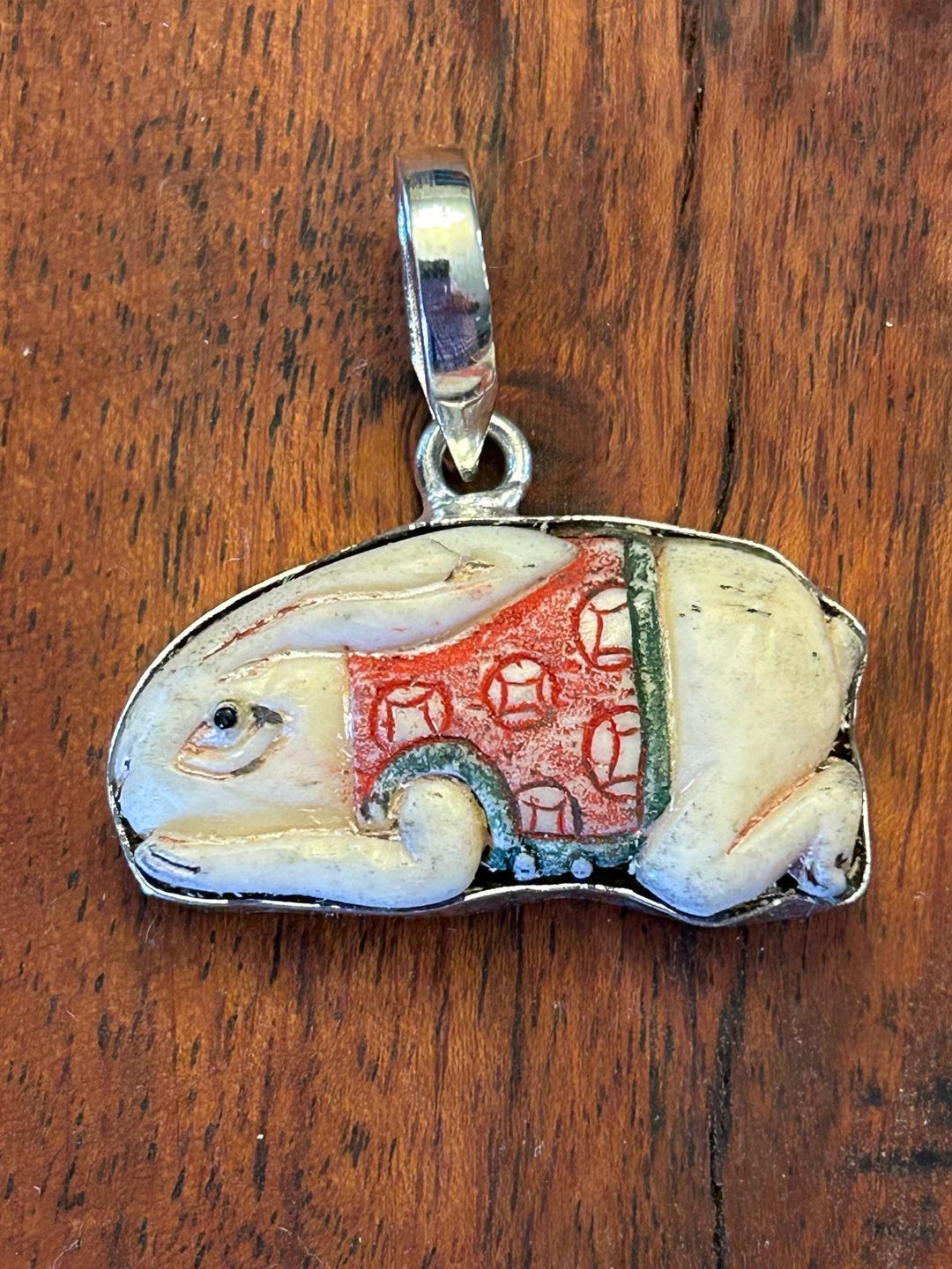 Vintage Carved and Tinted Bone Rabbit Pendant in Sterling Silver 29187 ...