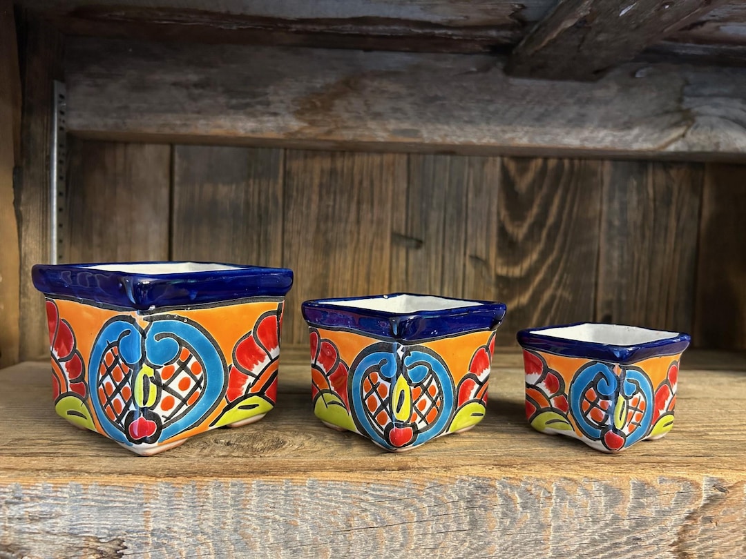 3/piece Hand-painted Talavera Square Planter Set for Windowsill ...