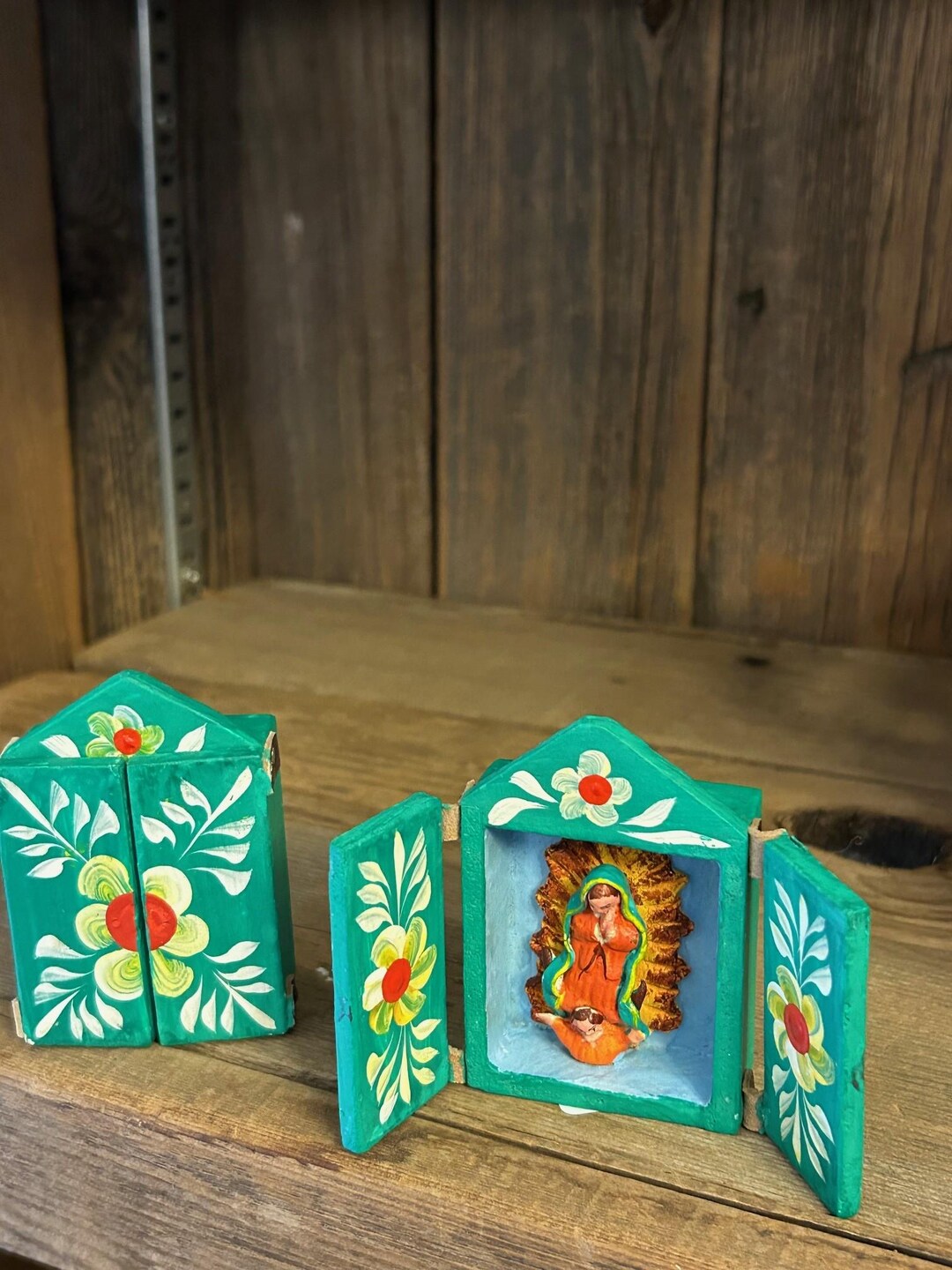 Mini Wooden Nicho Box Nativity Altar With Our Lady of Guadalupe Green ...