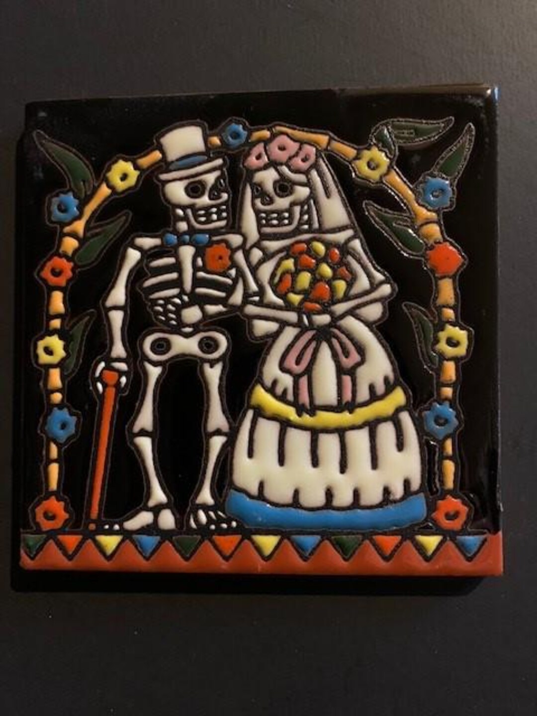 Glazed 4” Square Tile of Day of Dead Dia De Los Muertos Groom and Bride ...