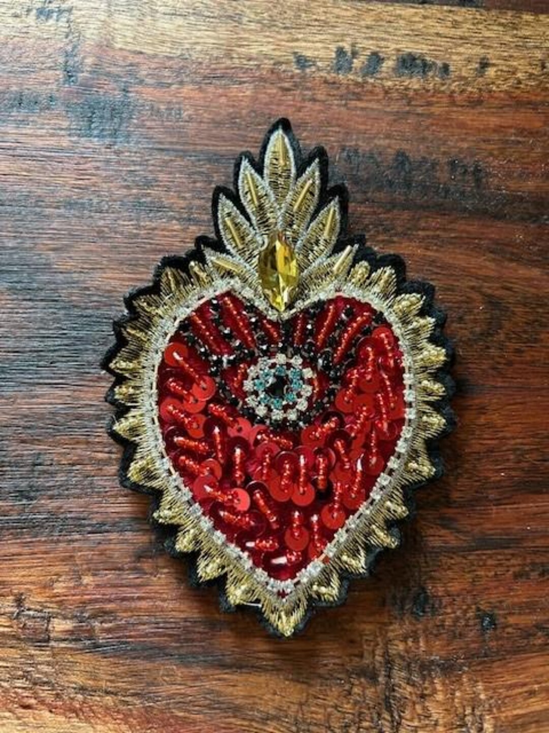 Embroidered, Beaded Flaming Heart Applique Patch With Rhinestones ...