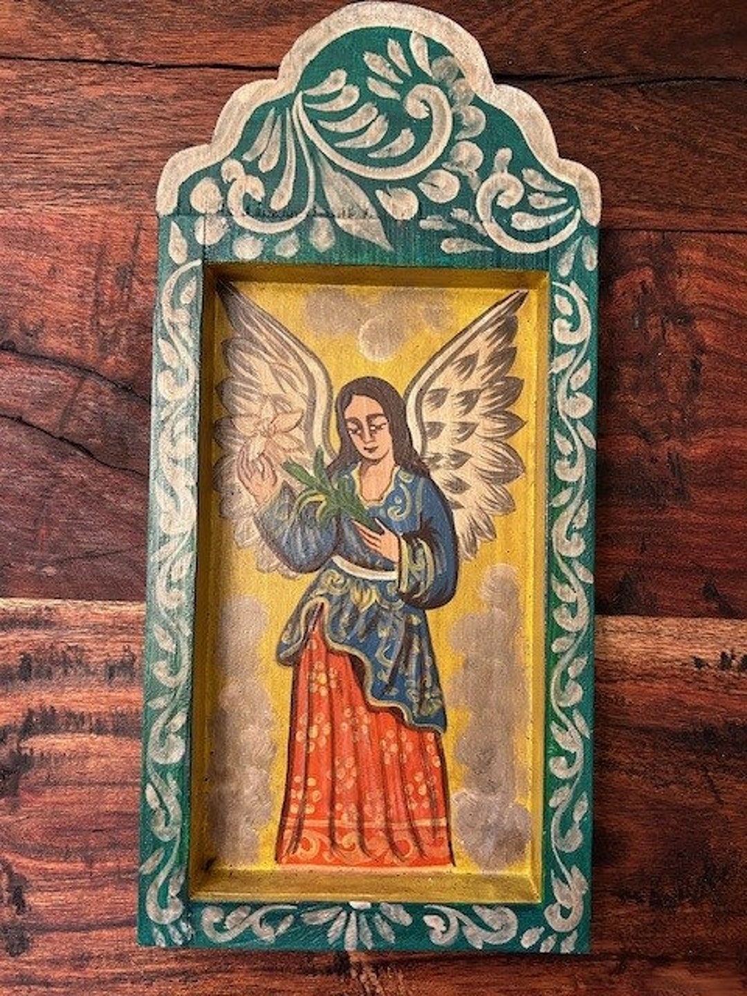 Hand-painted Wood Framed Retablo of Archangel Gabriel, Patron Saint of ...