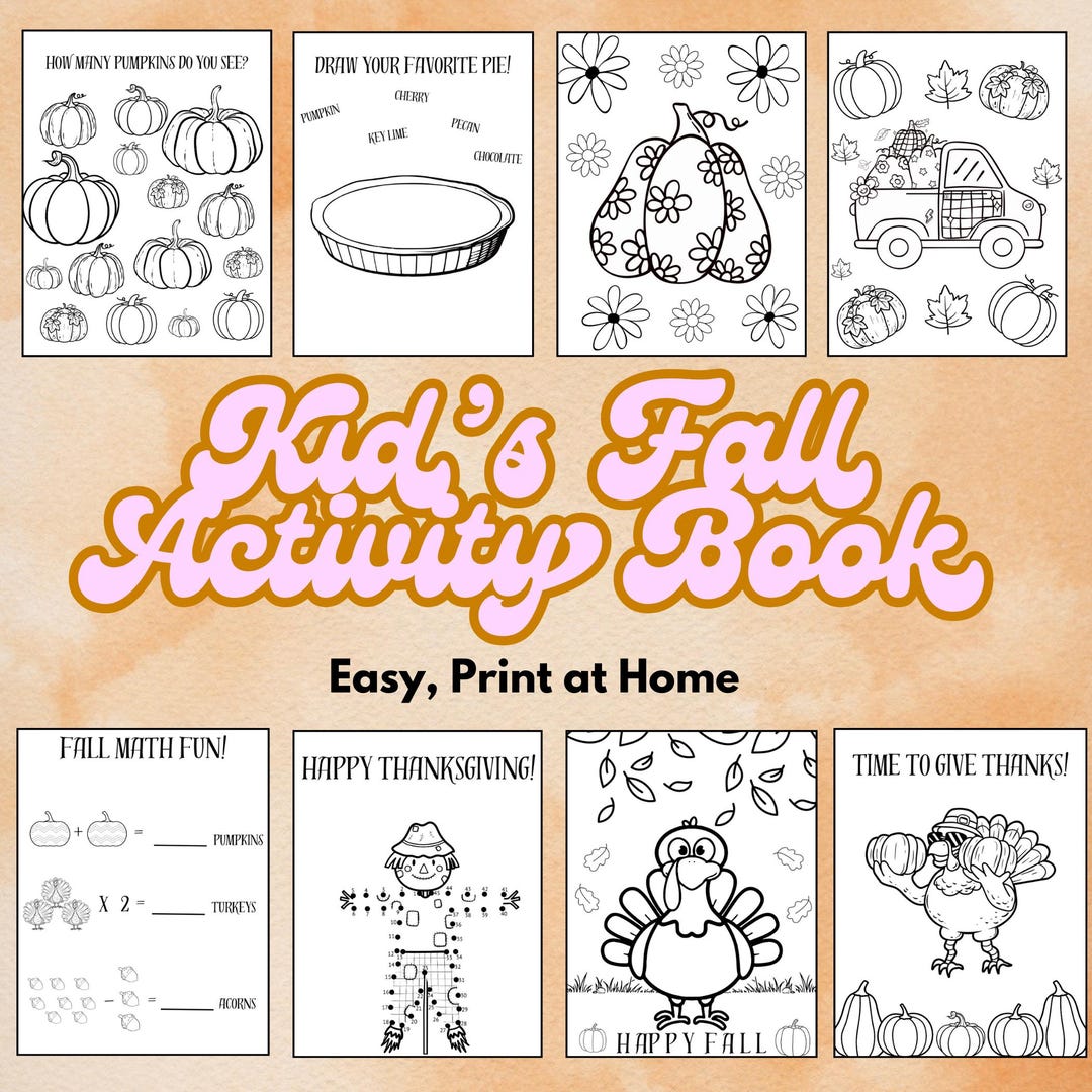 Fall Kid's Coloring Pages 8 Sheets, Fall Activity Book, Thanksgiving ...