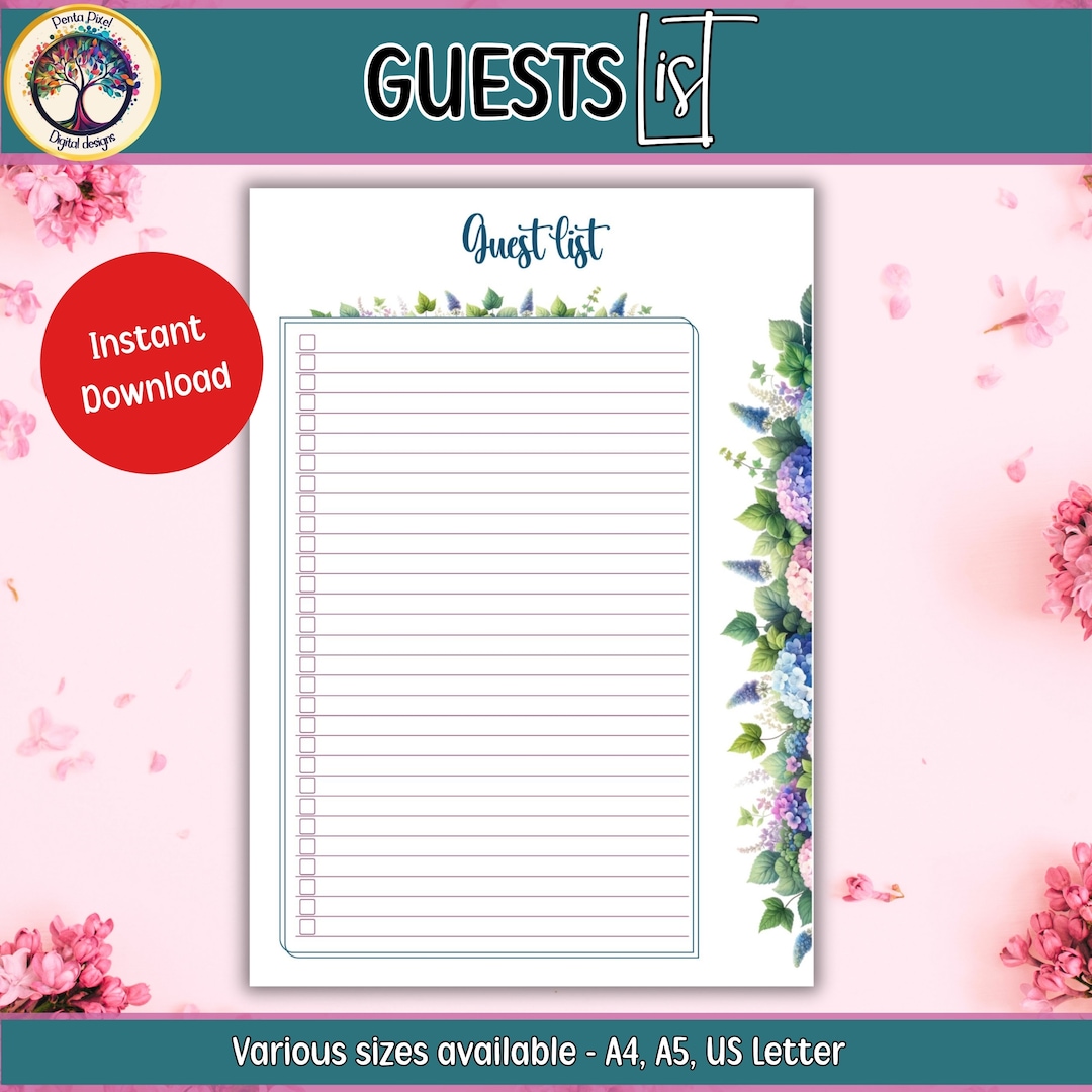 Printable Guest List Organizer Simple Floral Event Planning Checklist ...
