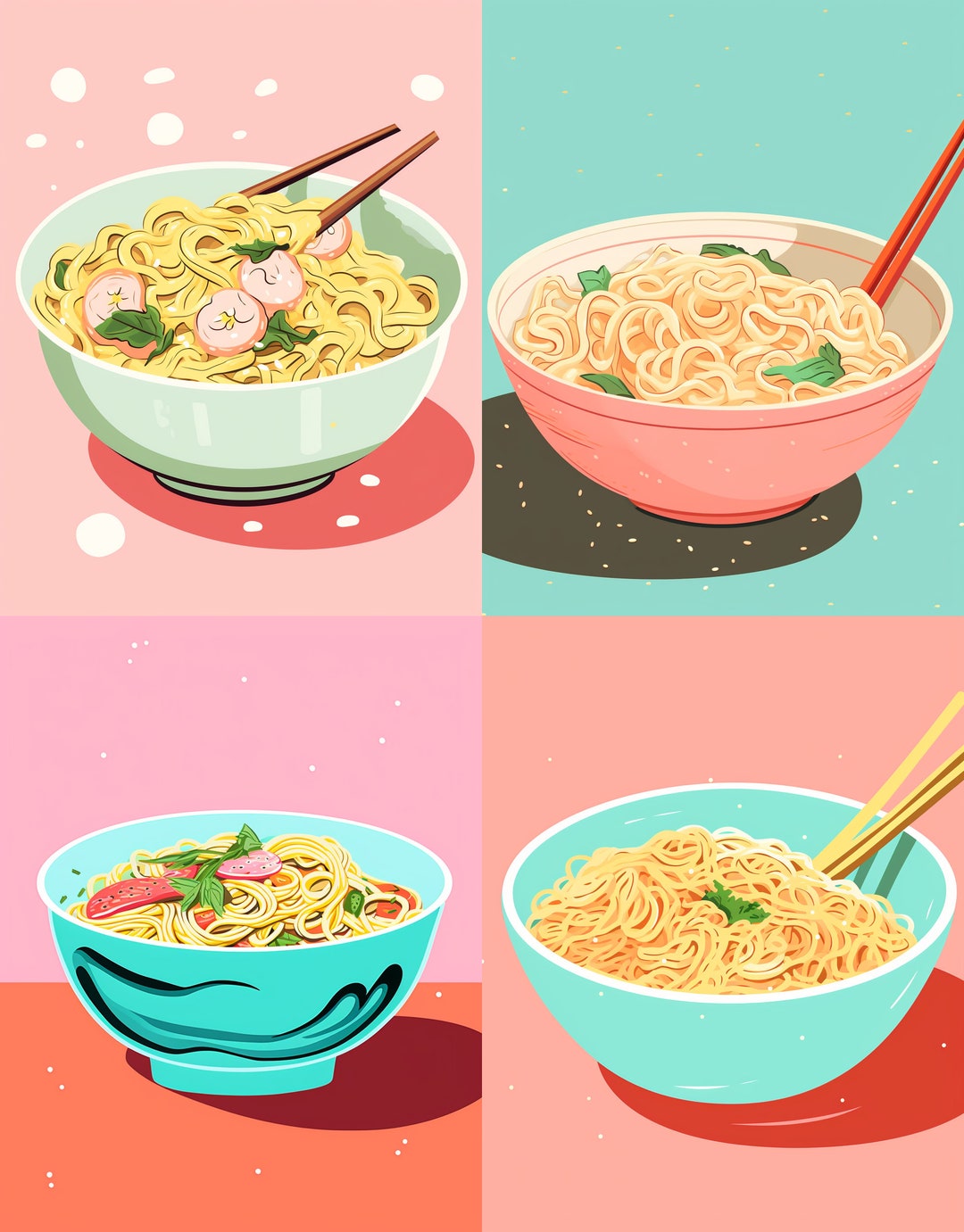 Set of 16 Ramen Noodle Digital Art, Wall Art Poster, Retro 80s Style ...