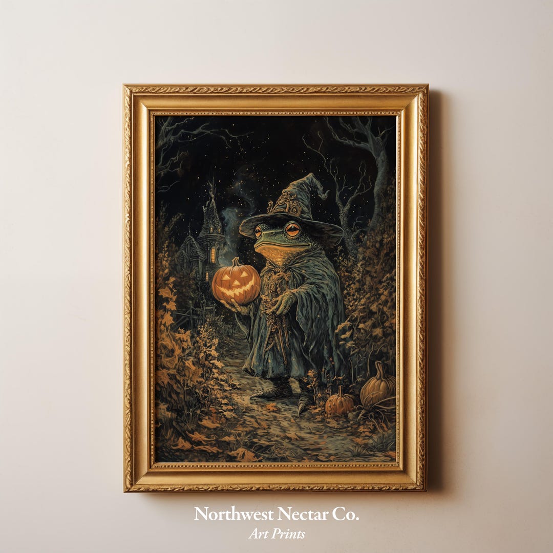 Halloween Frog Witch Digital Art Print | Pumpkin Fantasy Wall Decor ...