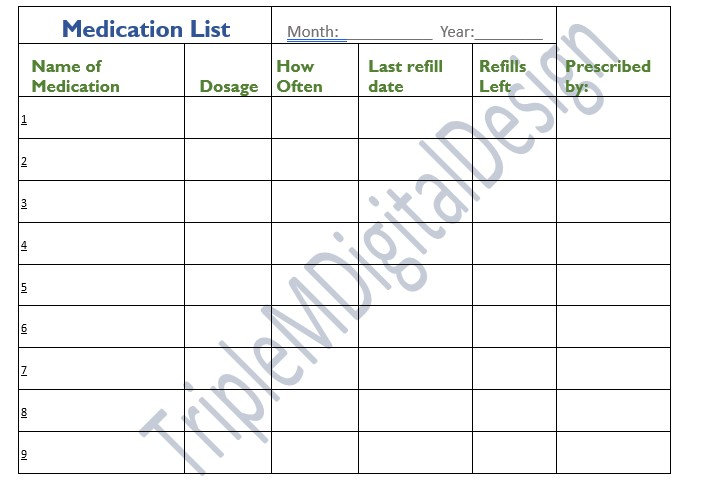 Medication List/ Medication Tracking/ Pharmaceutical Tracking ...