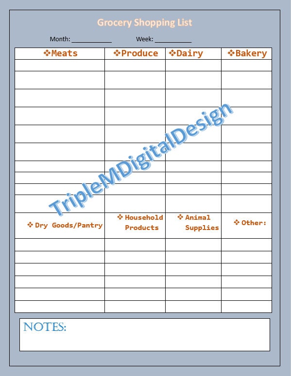 Weekly Grocery Shopping List/ Grocery Store Planning - Etsy