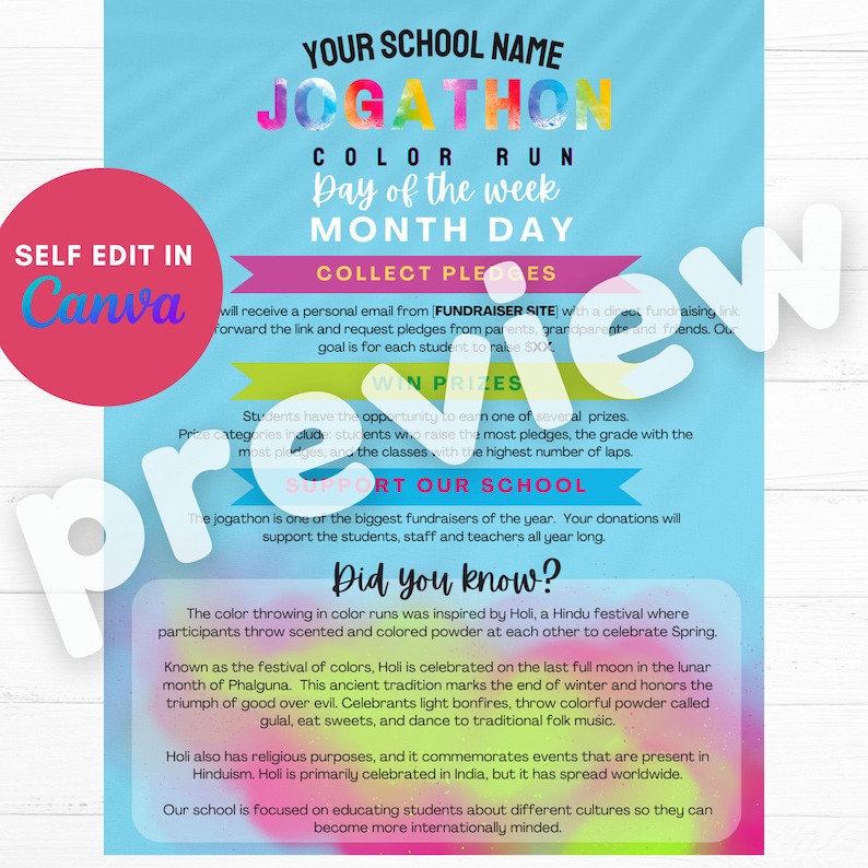DIY Jogathon Color Run - Editable Template for School Fundraiser - Etsy