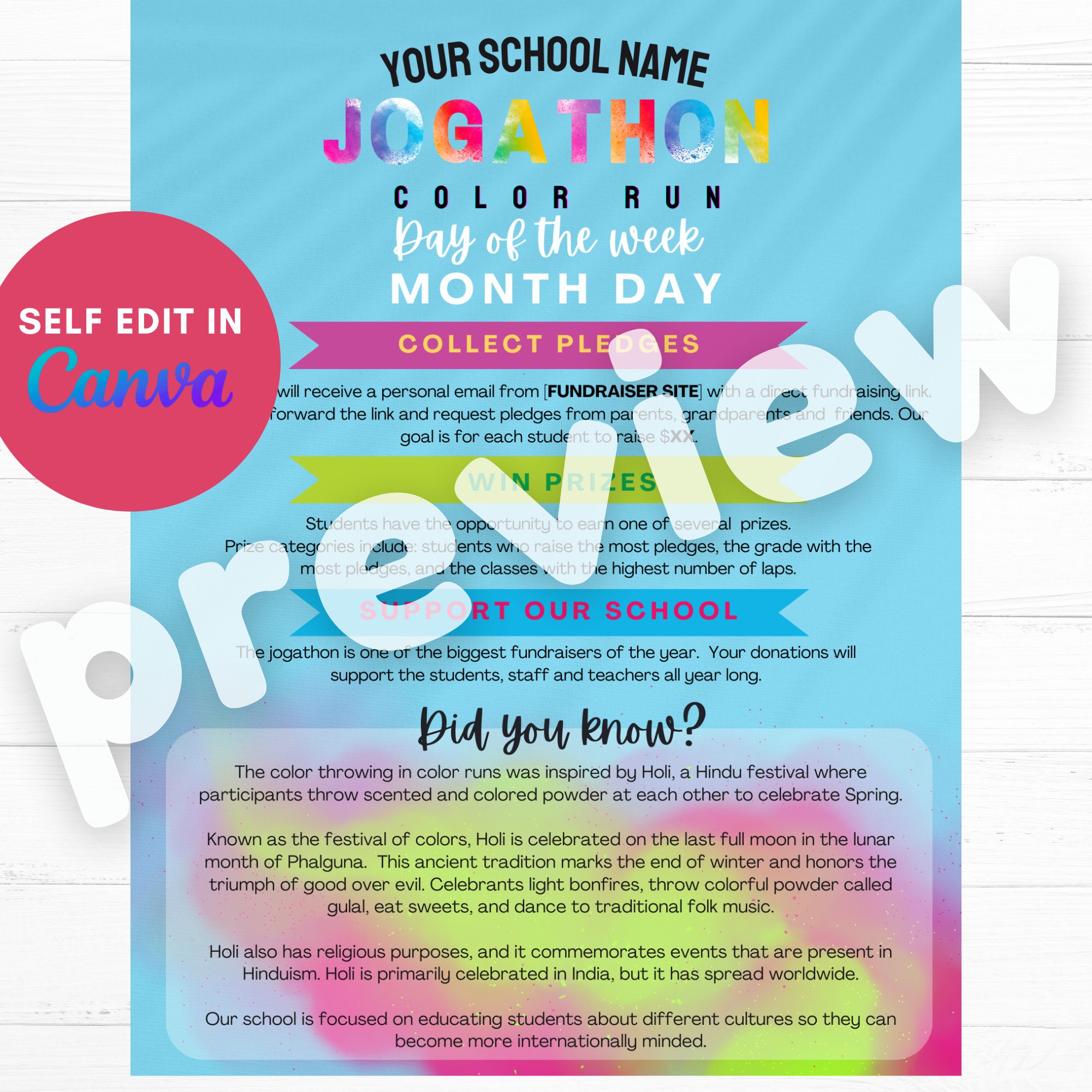 DIY Jogathon Color Run - Editable Template for School Fundraiser - Etsy