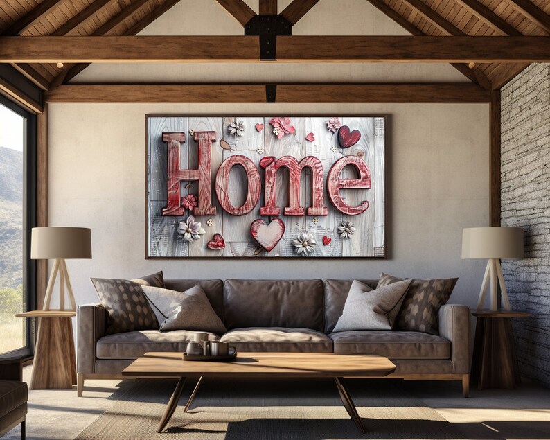 Red Colored Home Sign, Red Hearts and White Flowers Framed Canvas Wall ...