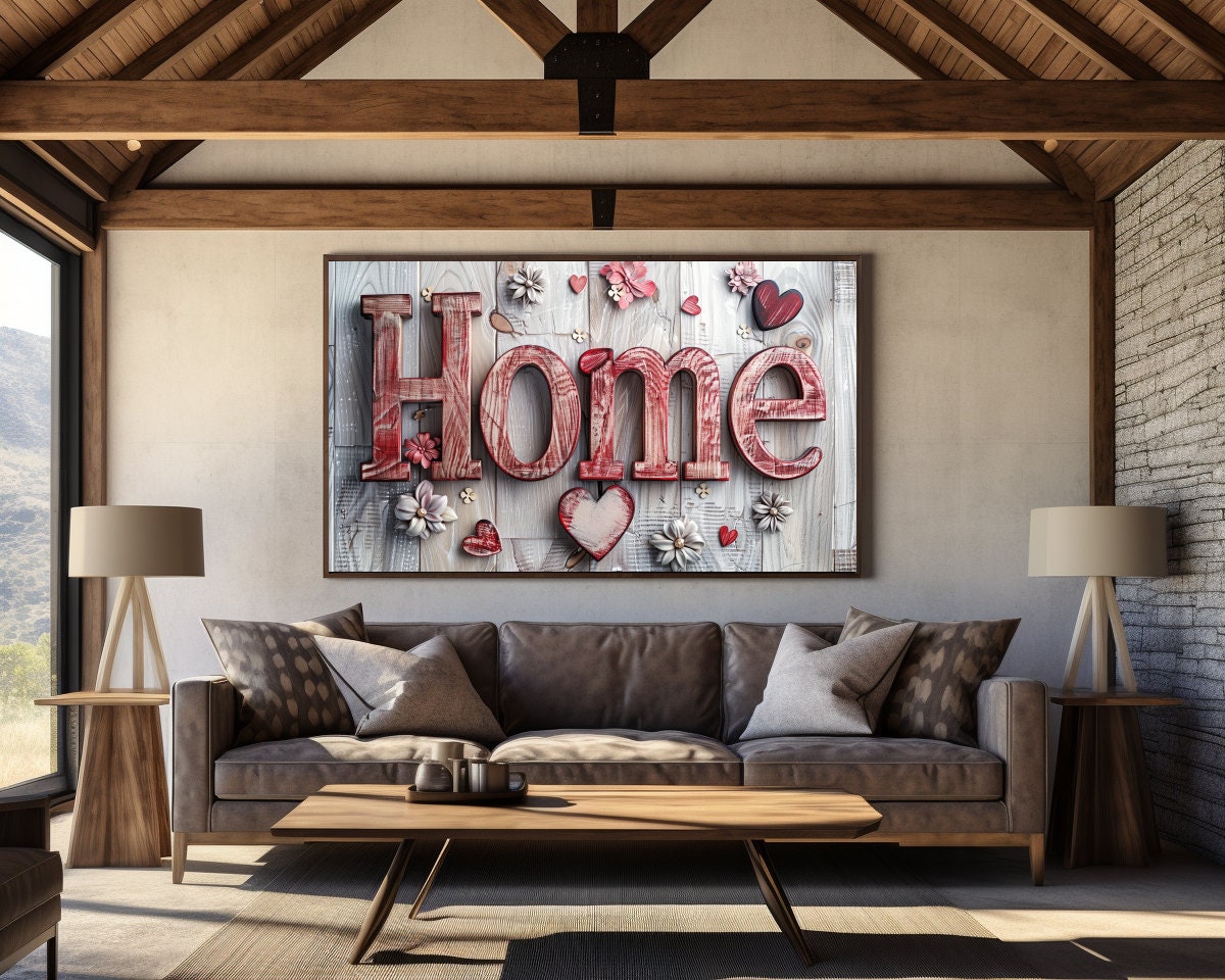 Red Colored Home Sign, Red Hearts and White Flowers Framed Canvas Wall ...