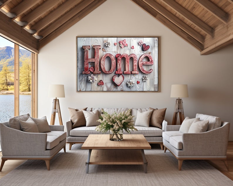 Red Colored Home Sign, Red Hearts and White Flowers Framed Canvas Wall ...