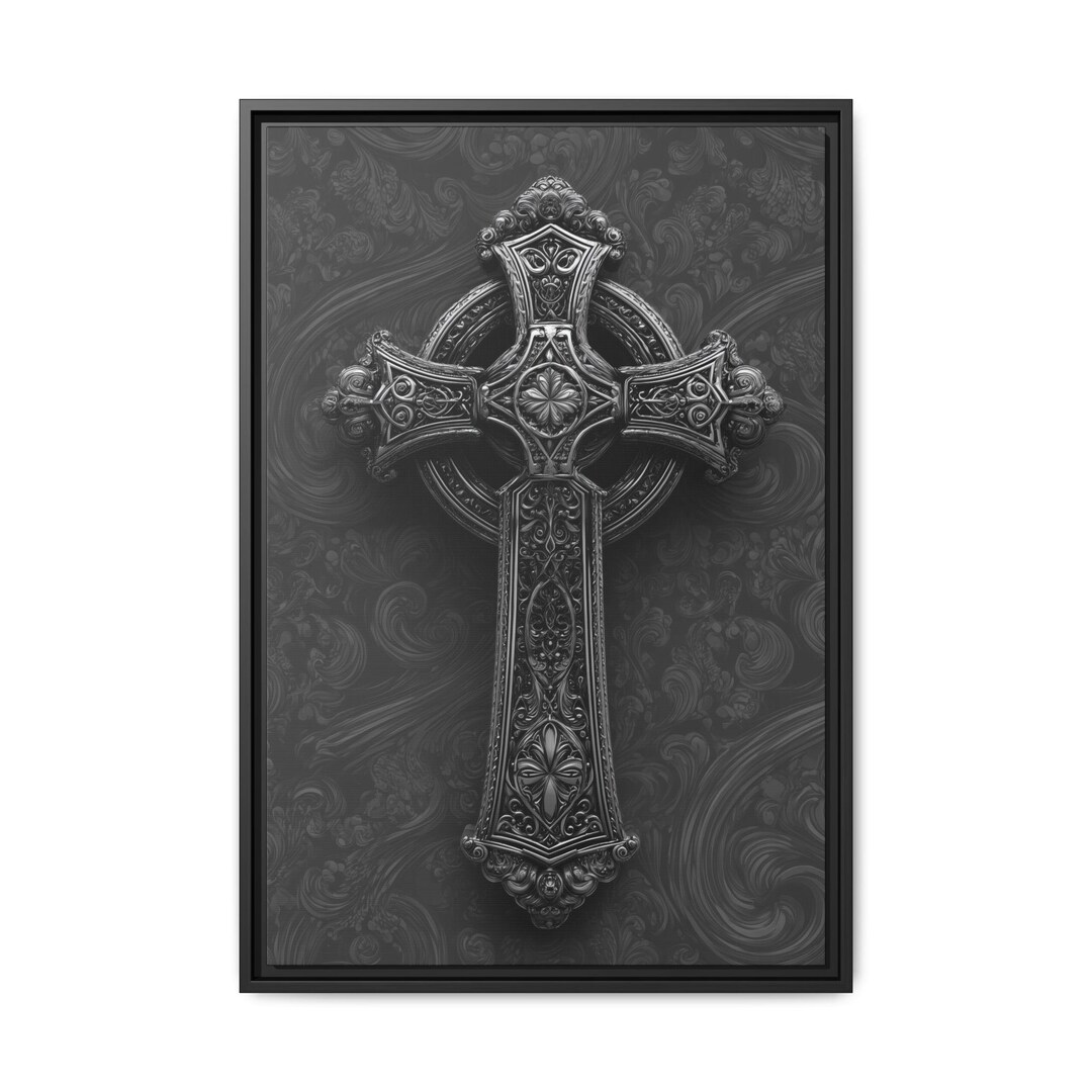 A Silver Celtic Holy Cross Floats Above a Dark Gray Wall Art Design ...