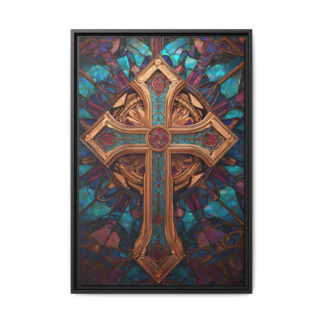 A Golden Holy Cross With a Blue and Purple Stained Glass Background ...