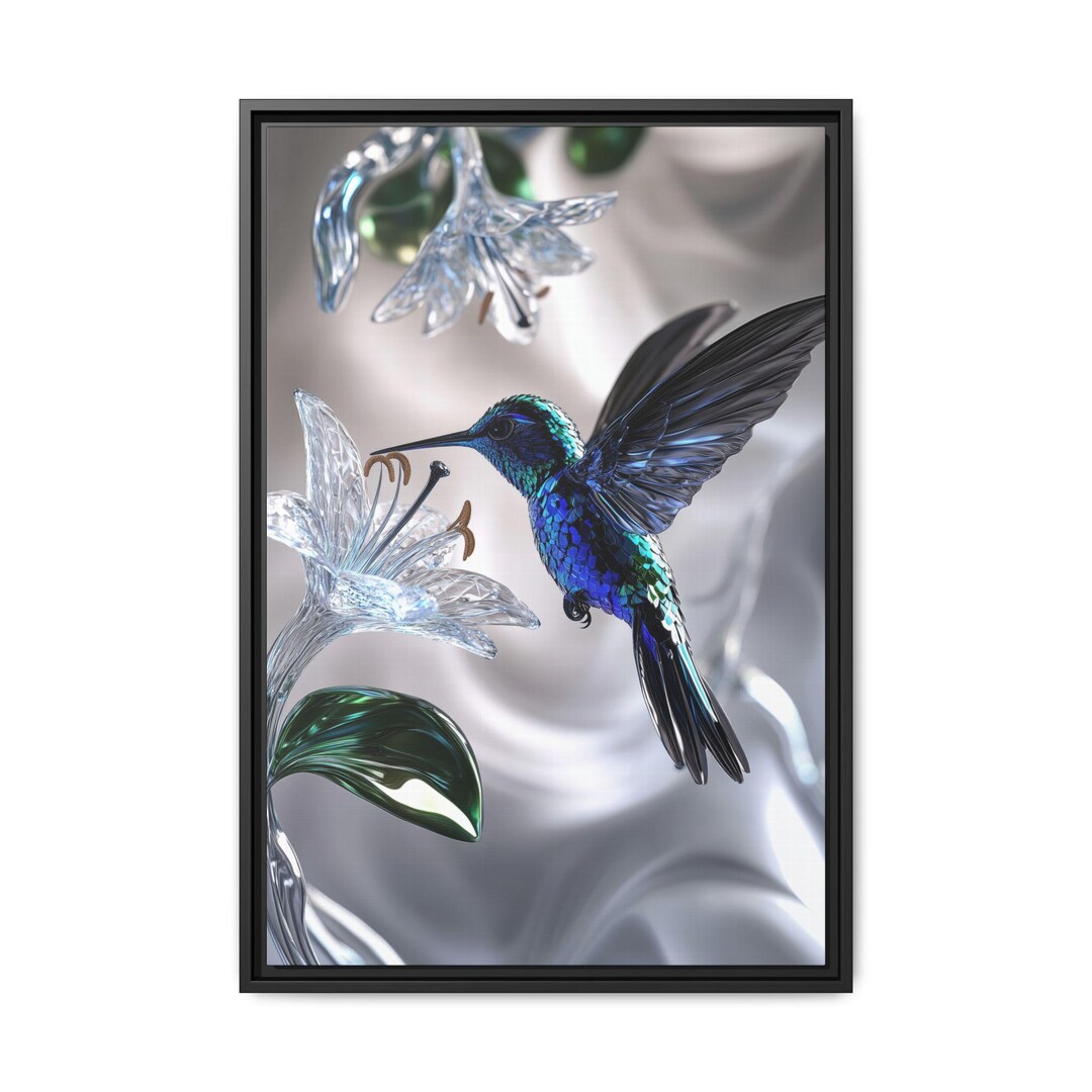 A Royal Blue and Emerald Green Hummingbird Flies Above a Crystal Lily ...