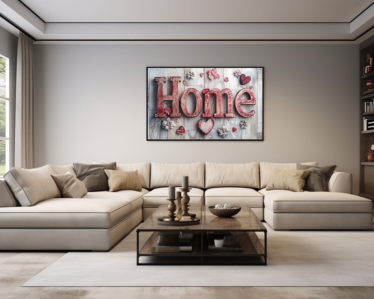 Red Colored Home Sign, Red Hearts and White Flowers Framed Canvas Wall ...