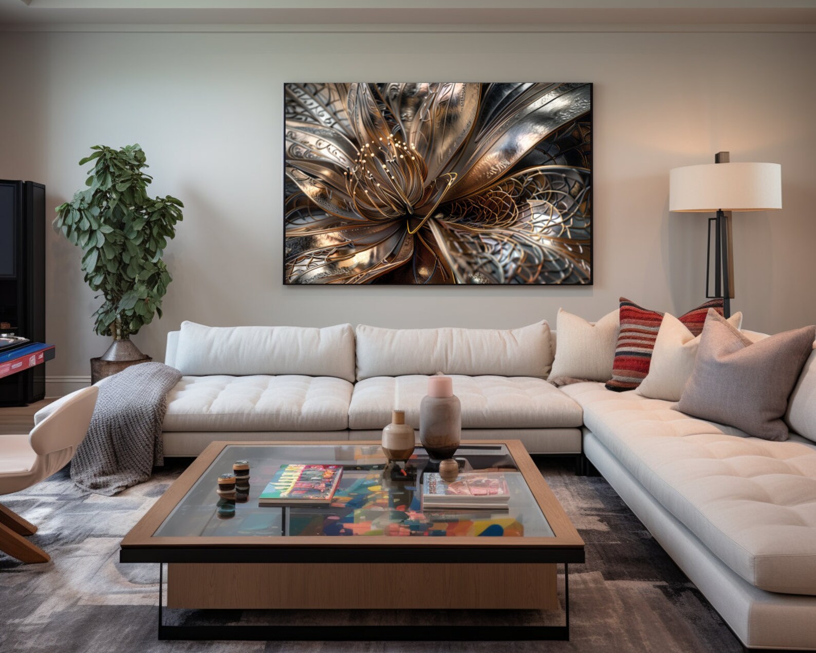 Bronze, Silver, Wire Design 3D Abstract Flower Framed Canvas Wall ...