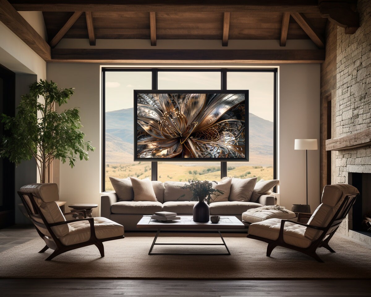 Bronze, Silver, Wire Design 3D Abstract Flower Framed Canvas Wall ...