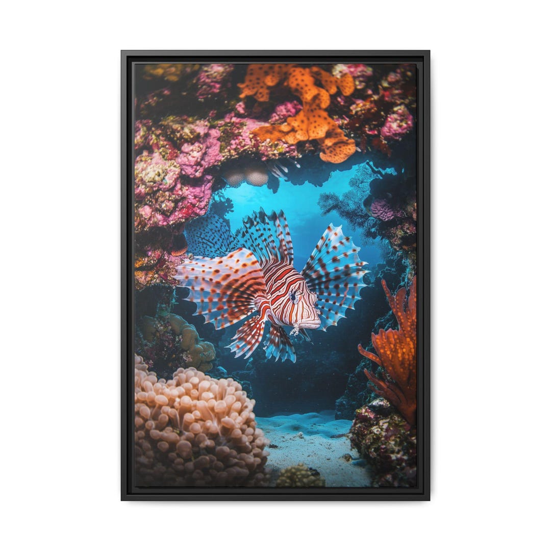 Lionfish Swims Through Opening in Coral Reef Art Design | Canvas Print ...