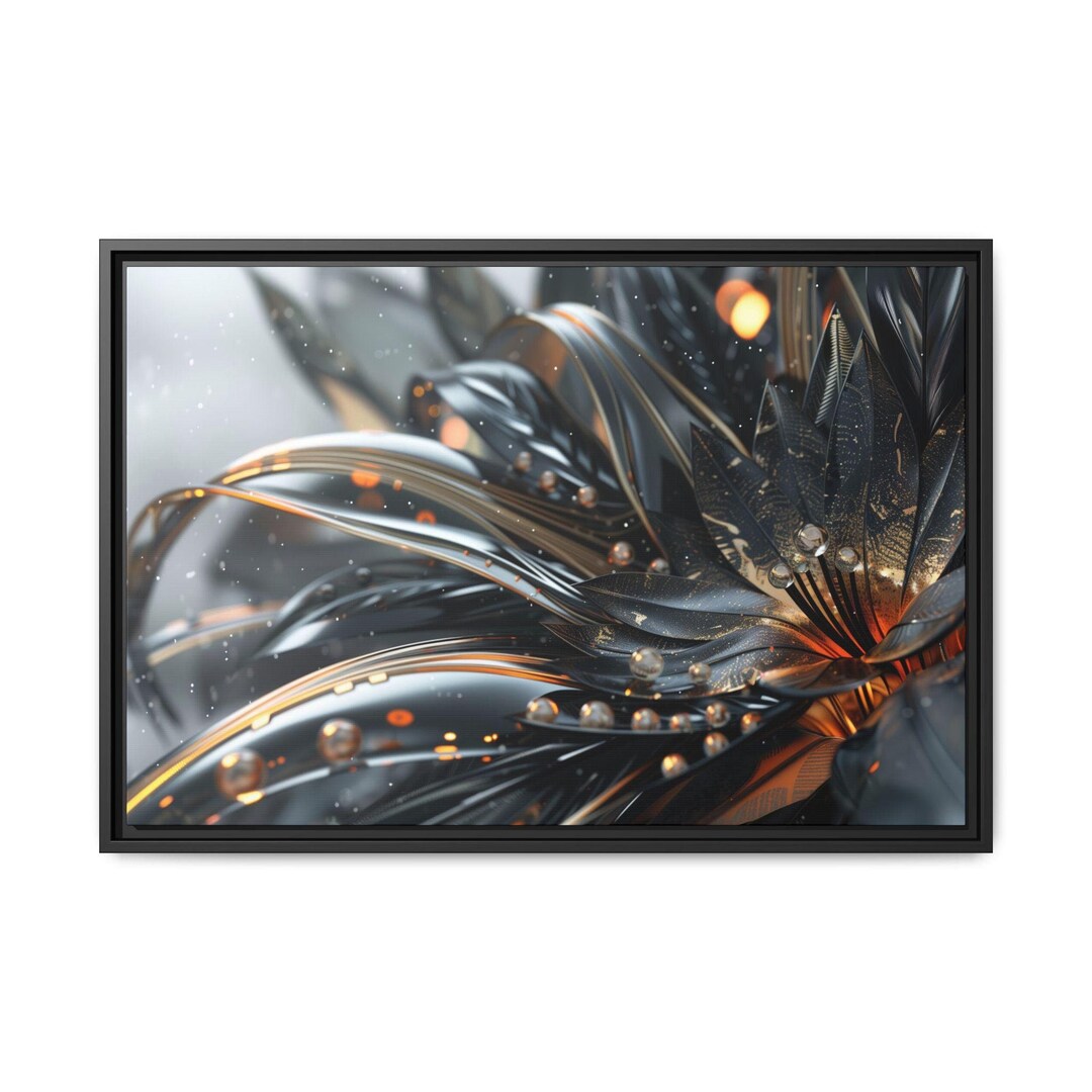 Black, Gold Water Droplets 3D Abstract Flower Framed Canvas Wall Design ...