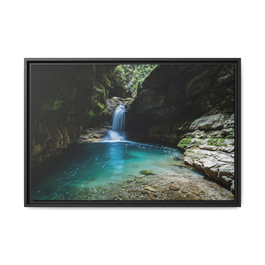 Beautiful Cave Waterfall Into a Turquoise Blue Pond Wall Art Design ...