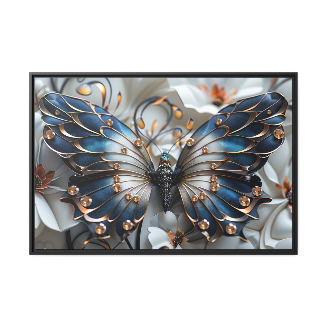 Blue Fading to Silver Abstract Butterfly Framed Wall Design Print Décor ...