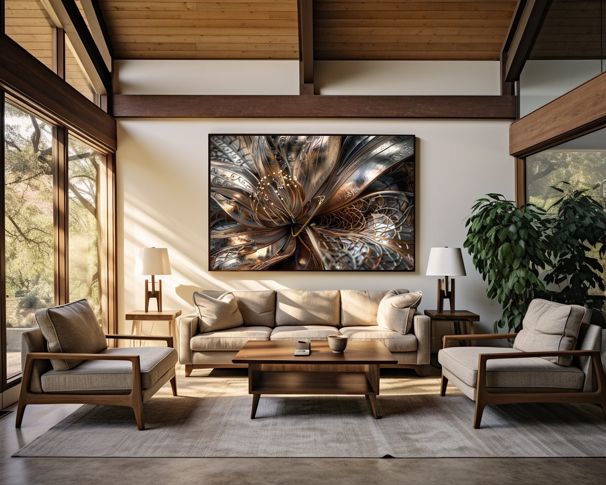 Bronze, Silver, Wire Design 3D Abstract Flower Framed Canvas Wall ...