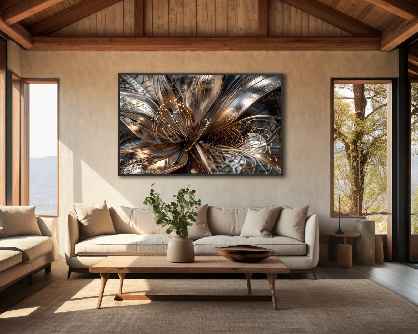 Bronze, Silver, Wire Design 3D Abstract Flower Framed Canvas Wall ...