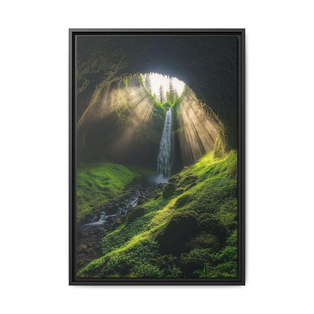 A Tall Waterfall Descends Into a Beautiful Green Cave Wall Art Design ...