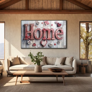 Red Colored Home Sign, Red Hearts and White Flowers Framed Canvas Wall ...