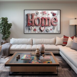 Red Colored Home Sign, Red Hearts and White Flowers Framed Canvas Wall ...