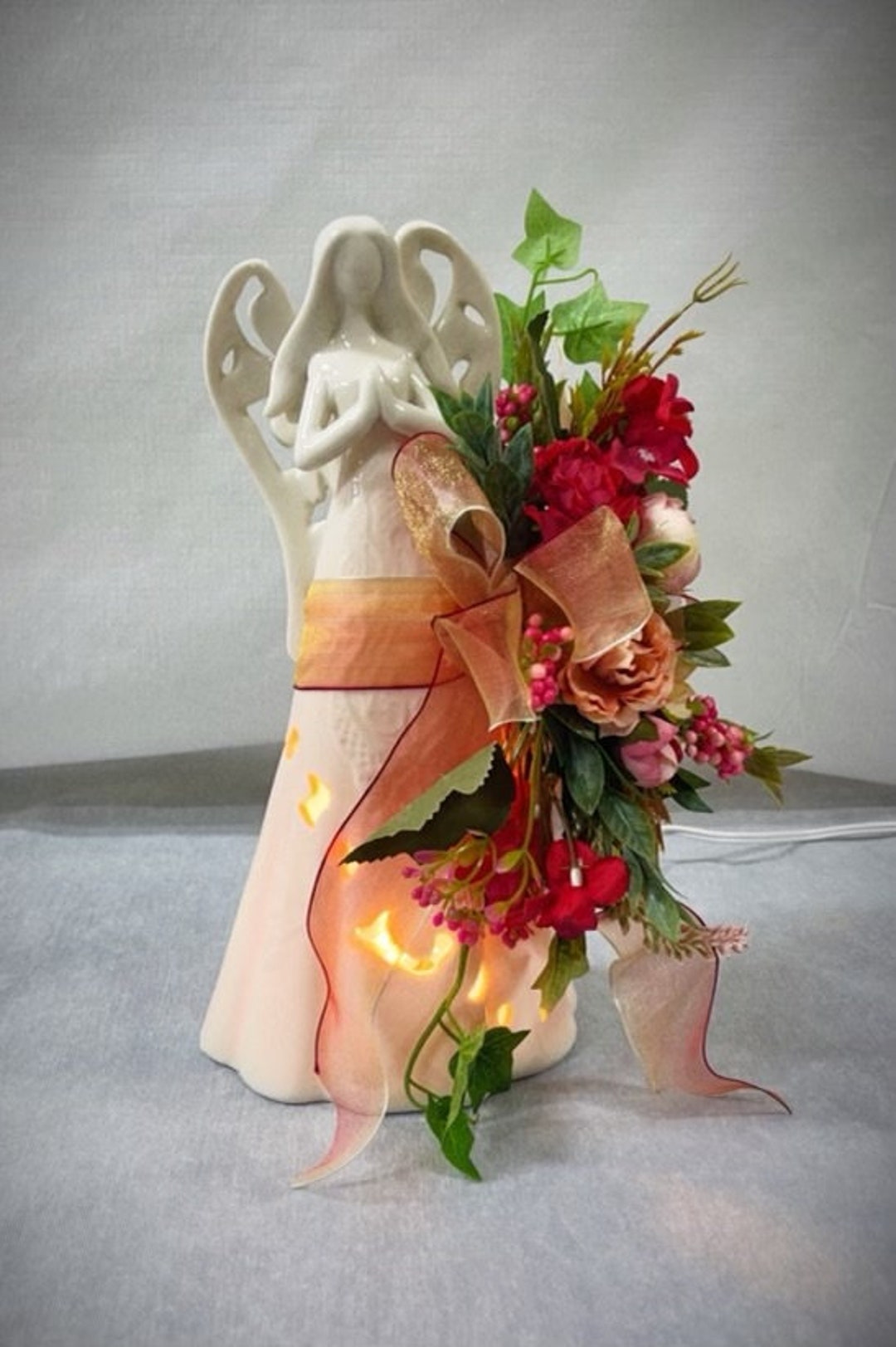 Ceramic Angel Light With Silk Floral Arrangement - Etsy