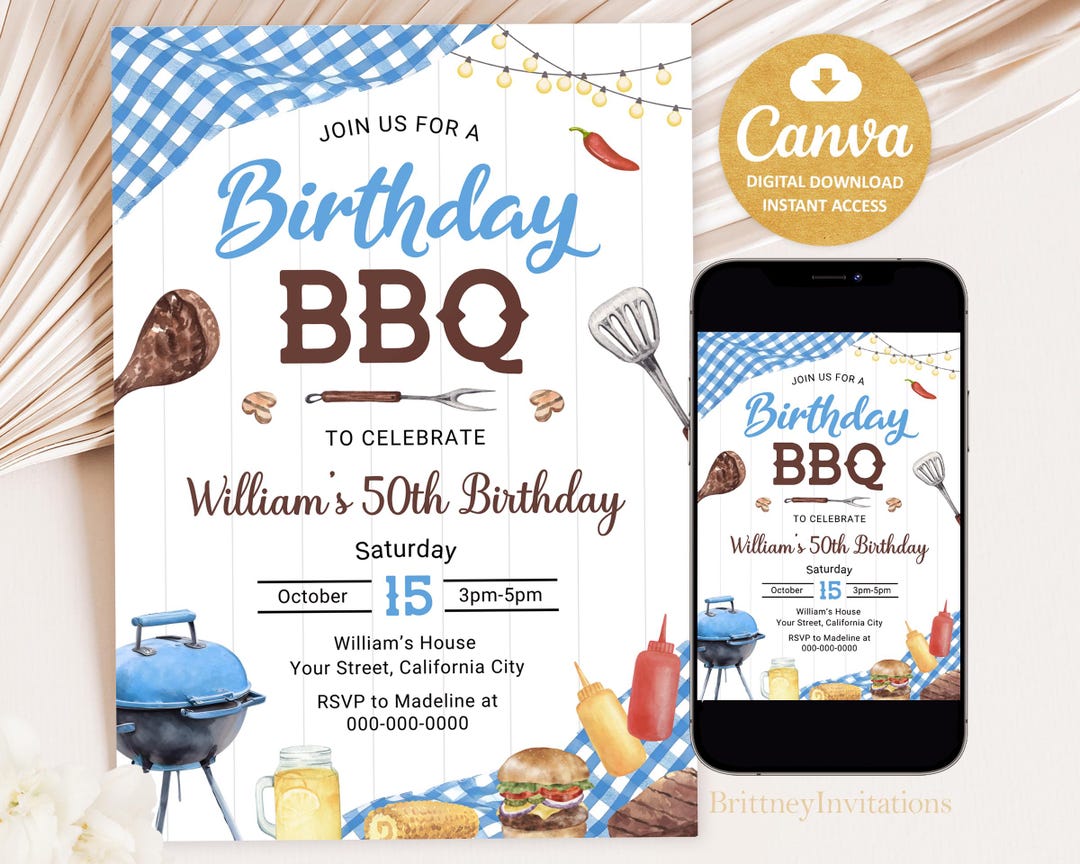 BBQ Birthday Invitation, Barbecue Birthday Invitation, BBQ Grill Party ...