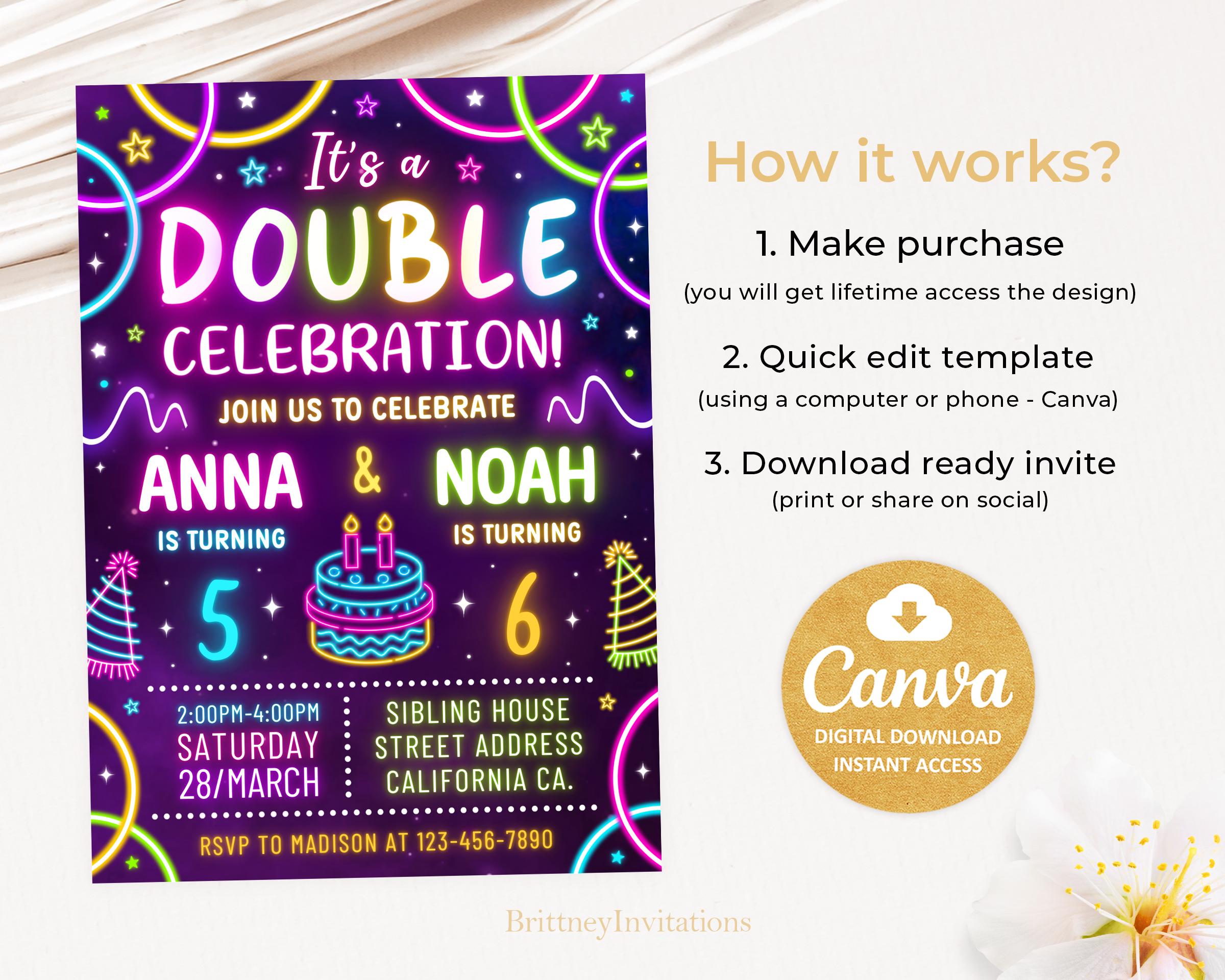 Editable Sibling Birthday Invitation, Double Birthday Invitation ...