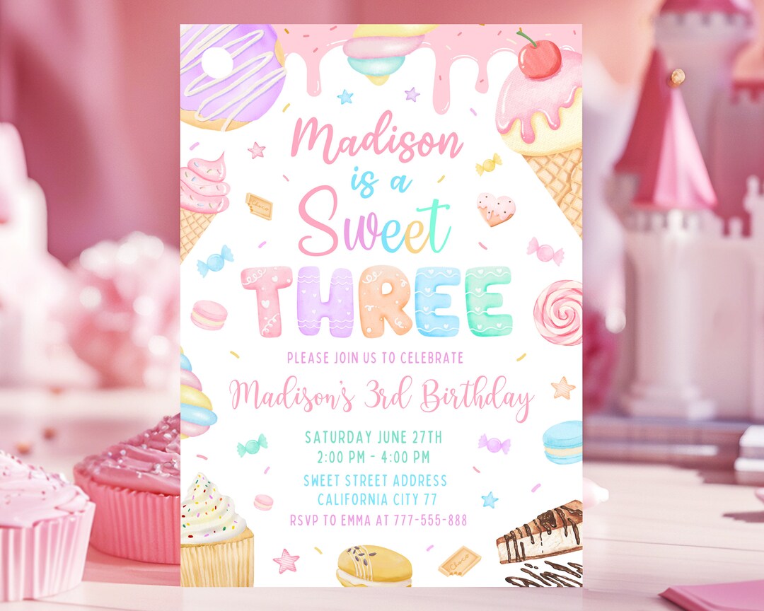 Sweet Three Birthday Invitation, 3rd Birthday Girl Invitation, Three ...