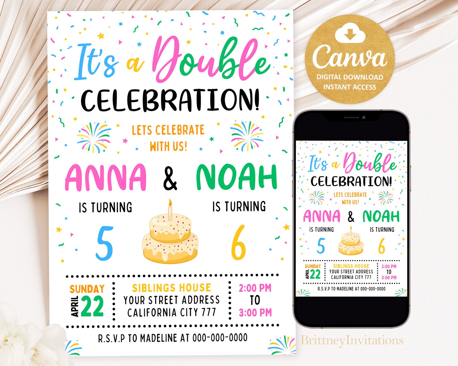 Editable Sibling Birthday Invitation, Double Birthday Invitation ...