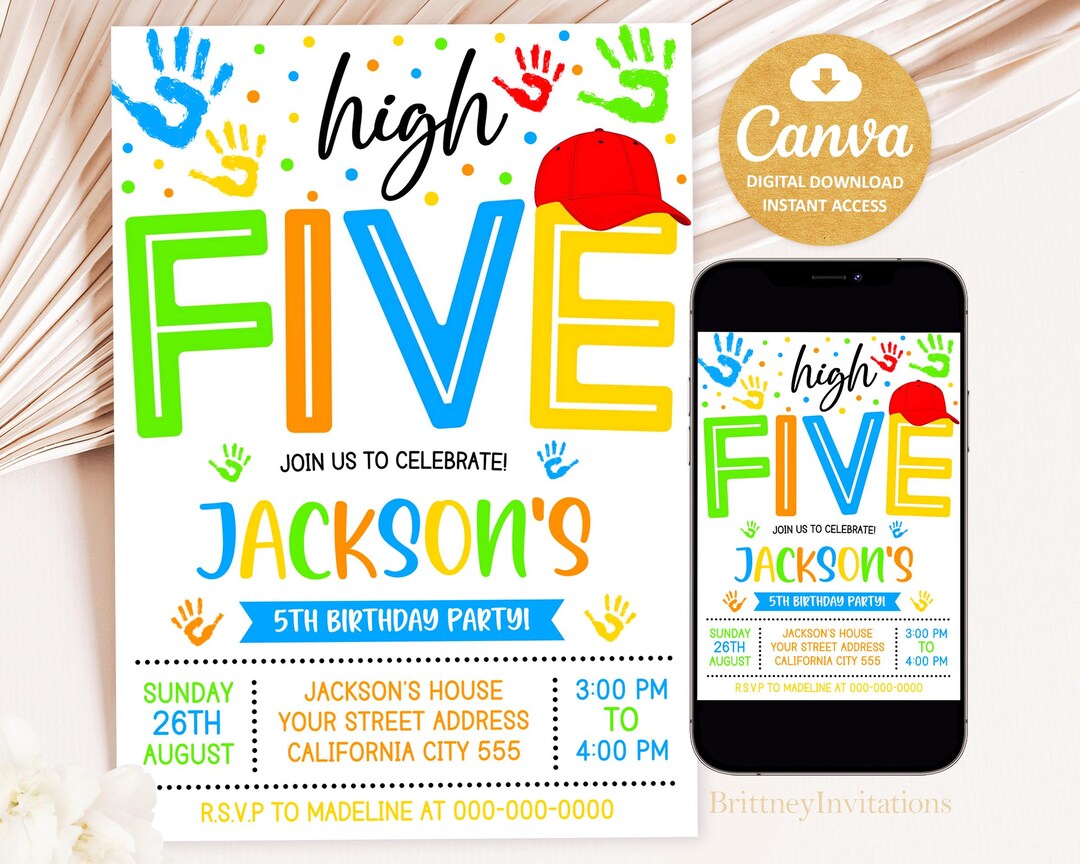 Editable High Five Birthday Invitation, Hi Five Invitation, Boys 5th ...