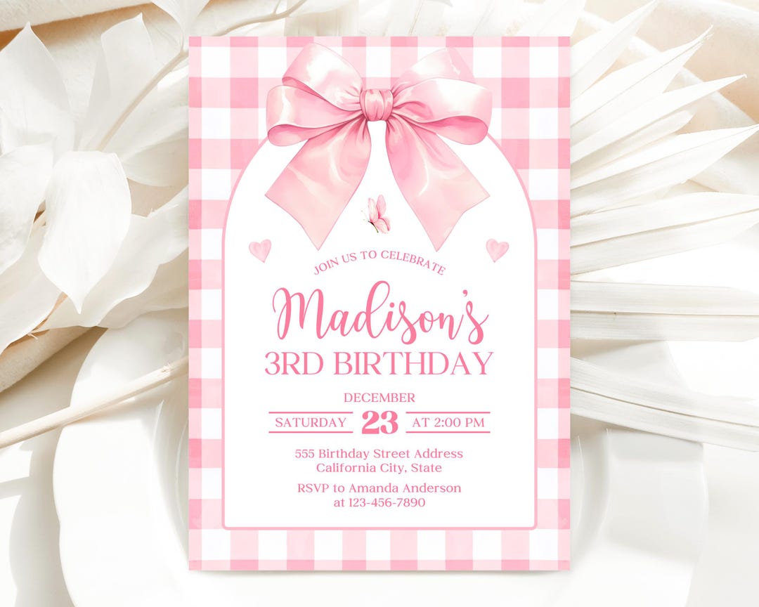 Pink Bow Birthday Invitation, Pastel Pink Ribbon Invitation, Elegant ...