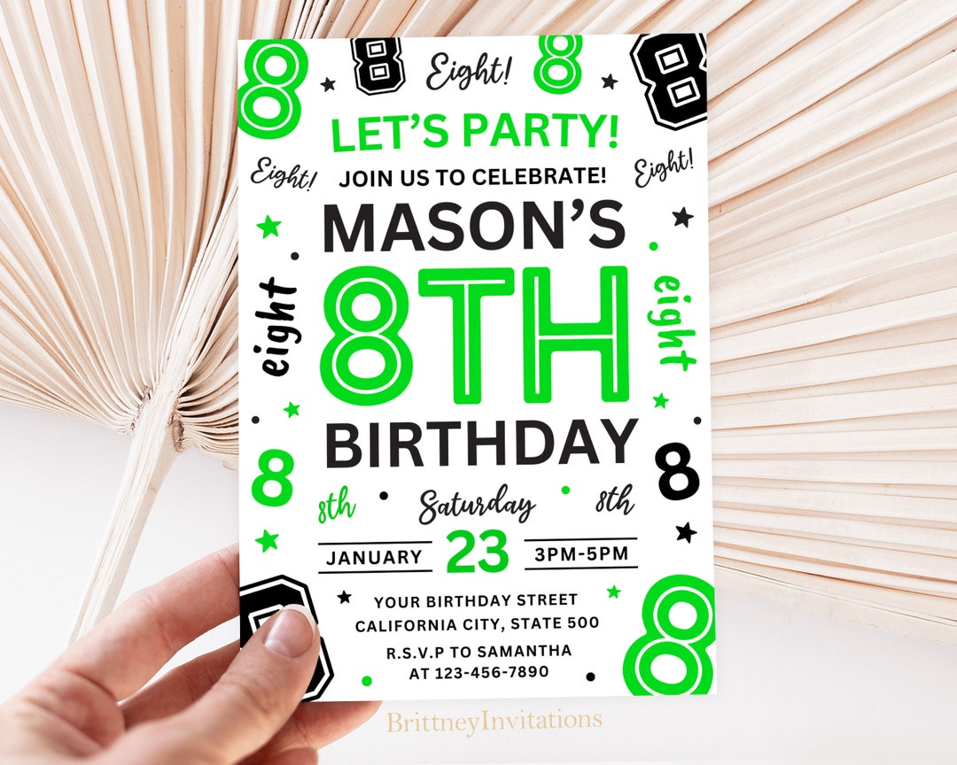 Boy 8th Birthday Invitation, 8th Birthday Invitation, Boy 8th Birthday ...