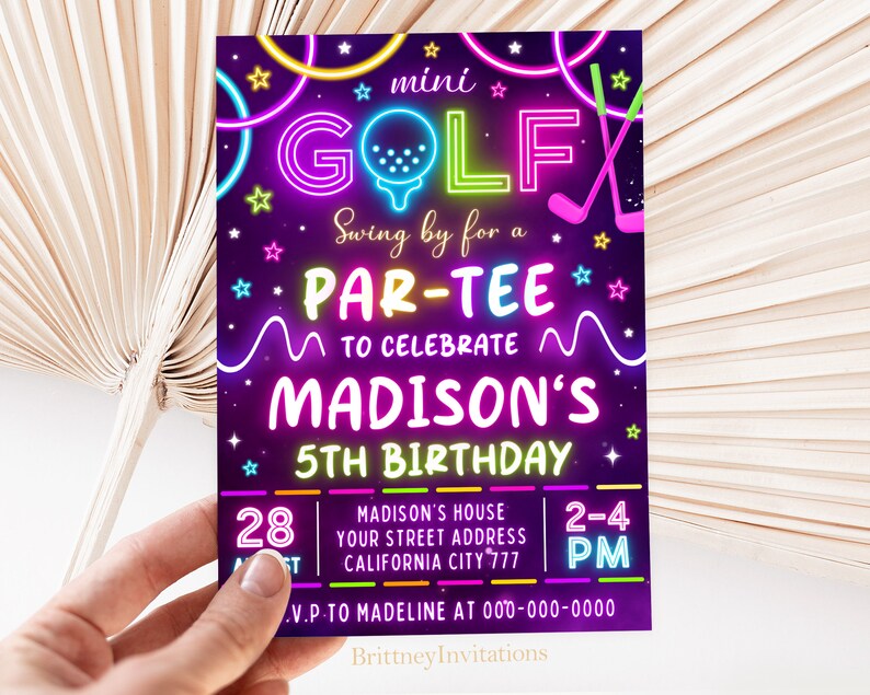 Editable Mini Golf Birthday Invitation, Mini Golf Invitation, Neon Mini ...