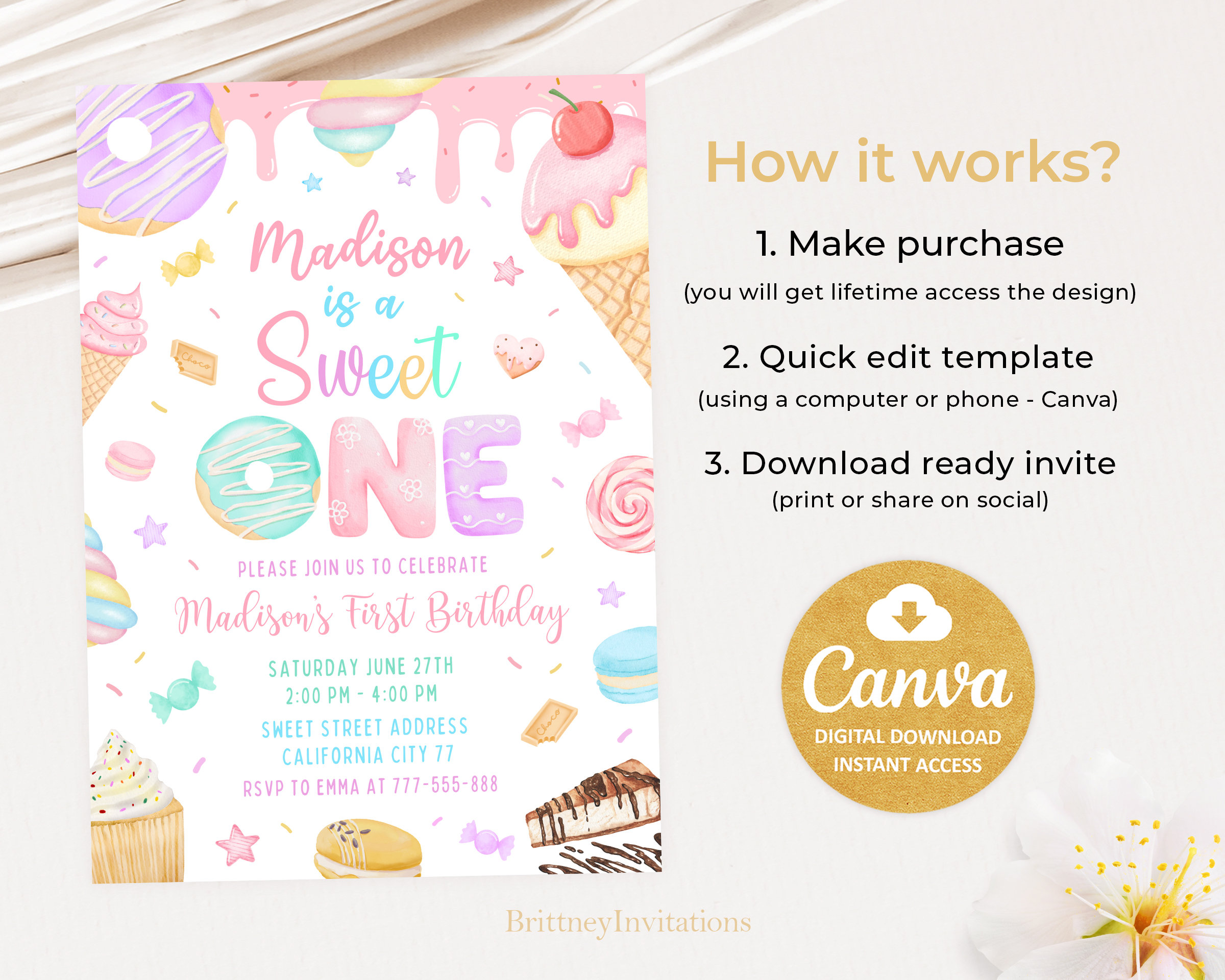 Sweet One Birthday Invitation, 1st Birthday Girl Invitation Pastel ...