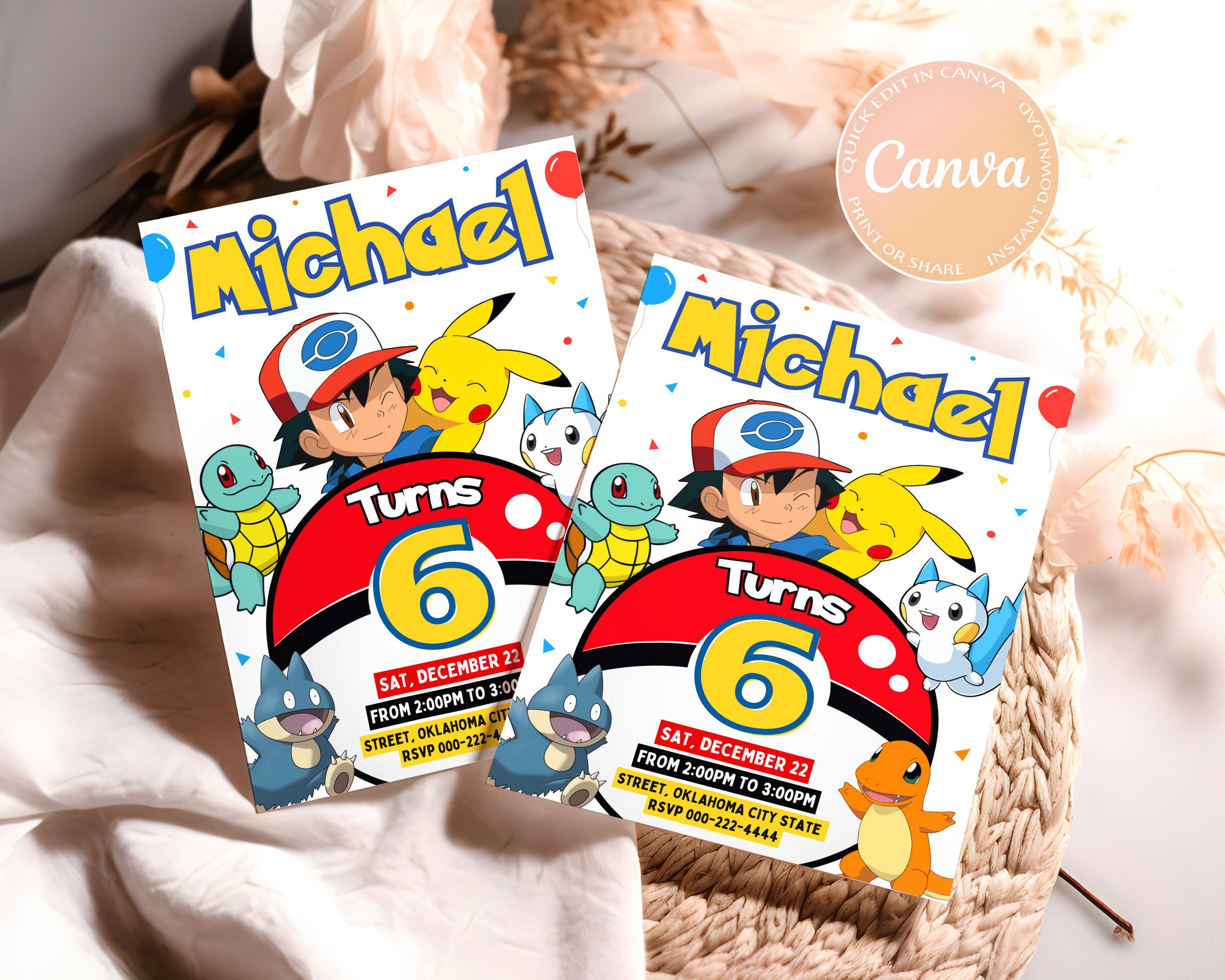 Invitación de cumpleaños editable de Pokémon, invitación de Pokémon ...