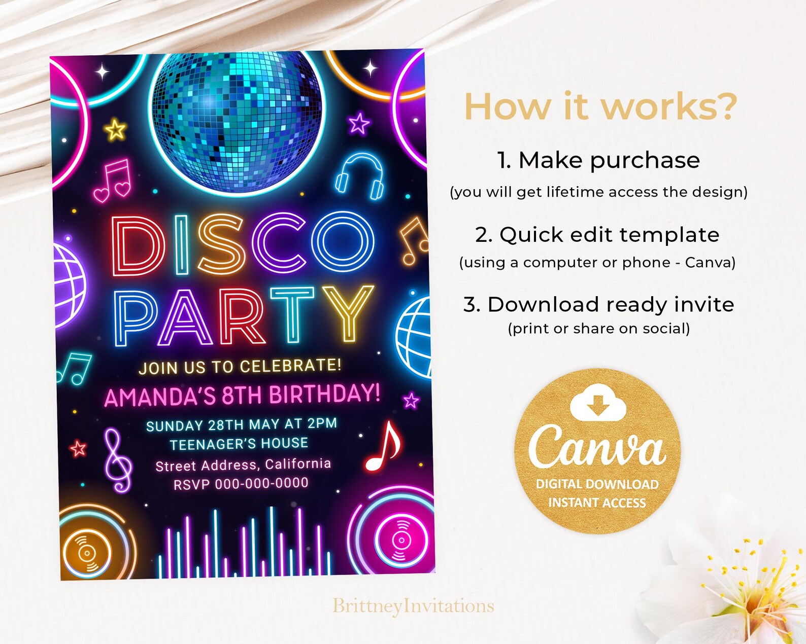 Disco Party Birthday Invitation, Neon Disco Party Invitation, Glow ...