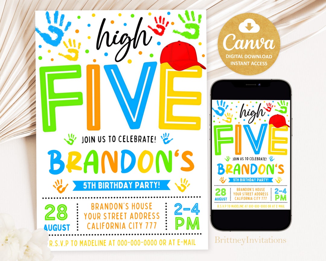 Editable High Five Birthday Invitation, Hi Five Invitation, Boys 5th ...