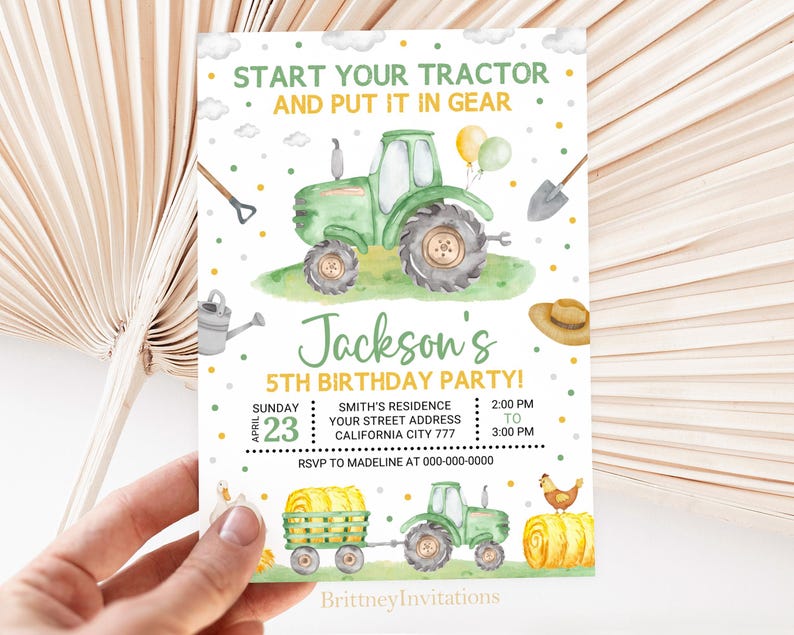Green Tractor Birthday Invitation, Tractor Birthday Invite, Farm Boy ...