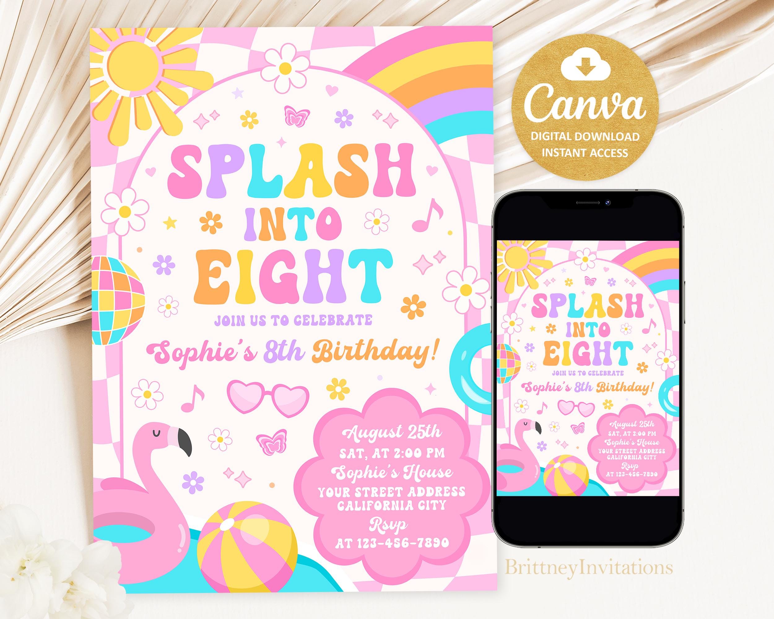 Editable Splash Into Eight Pool Party Invitation, Groovy 8th Birthday ...