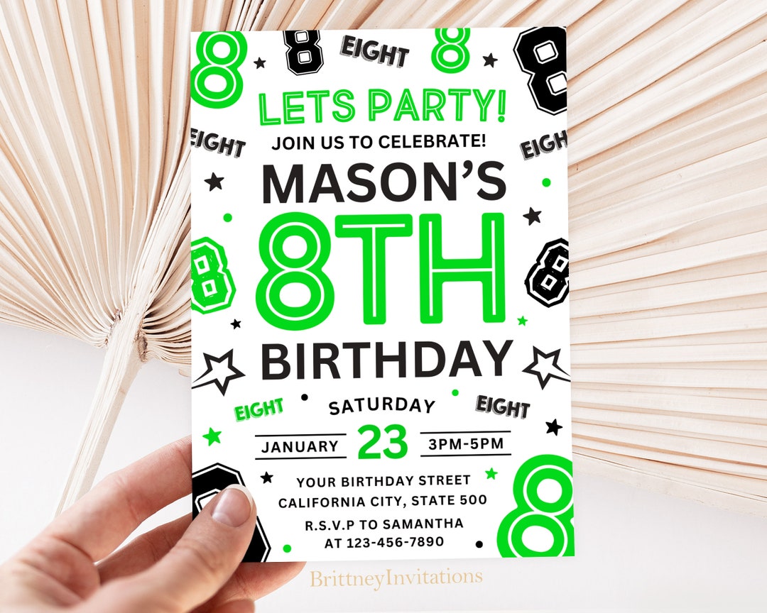 Editable Boy 8th Birthday Invitation, 8th Birthday Invitation, Boy 8th ...