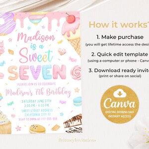 Sweet Seven Birthday Invitation, 7th Birthday Girl Invitation, Seven ...