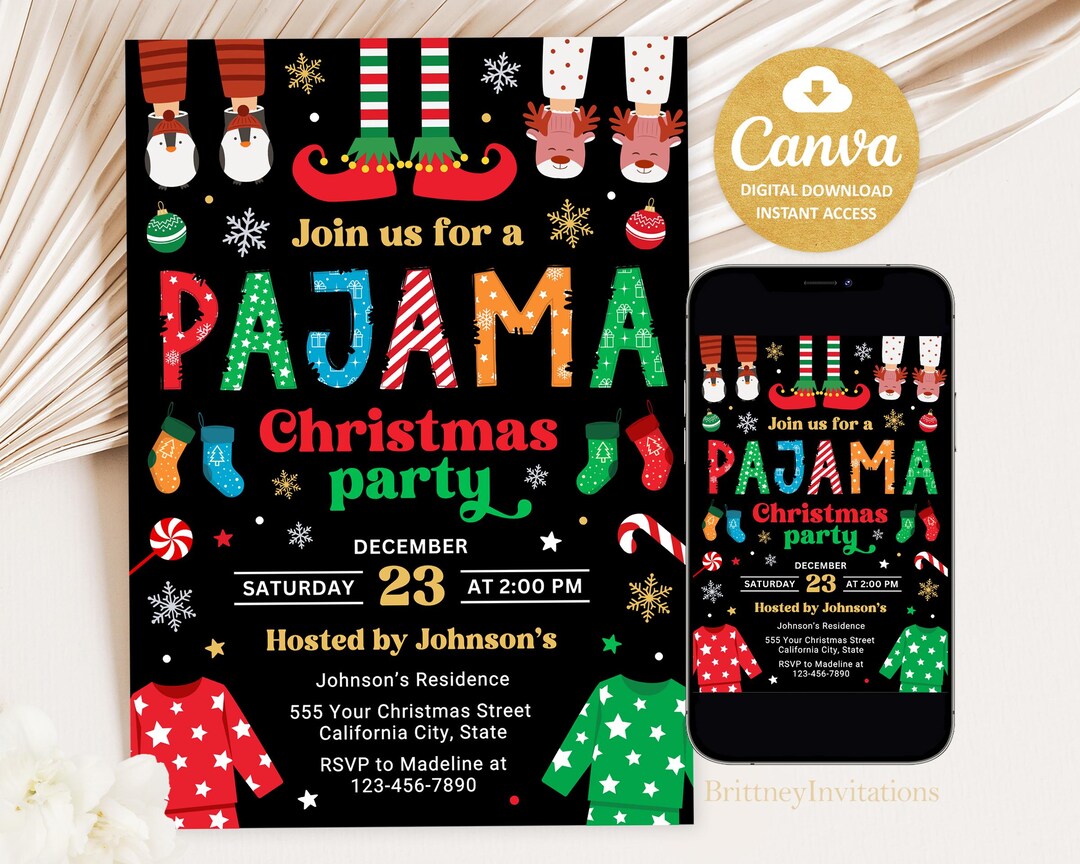 Christmas Pajama Party Invitation, Christmas Party Invitation, Holiday ...